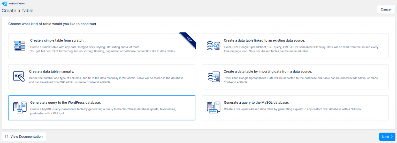 Create a MySQL-query-based table by generating a query to WordPress ...