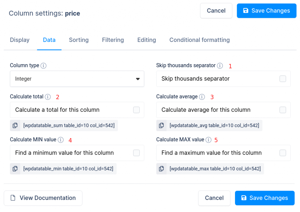 Table elements and configuration in wpDataTables