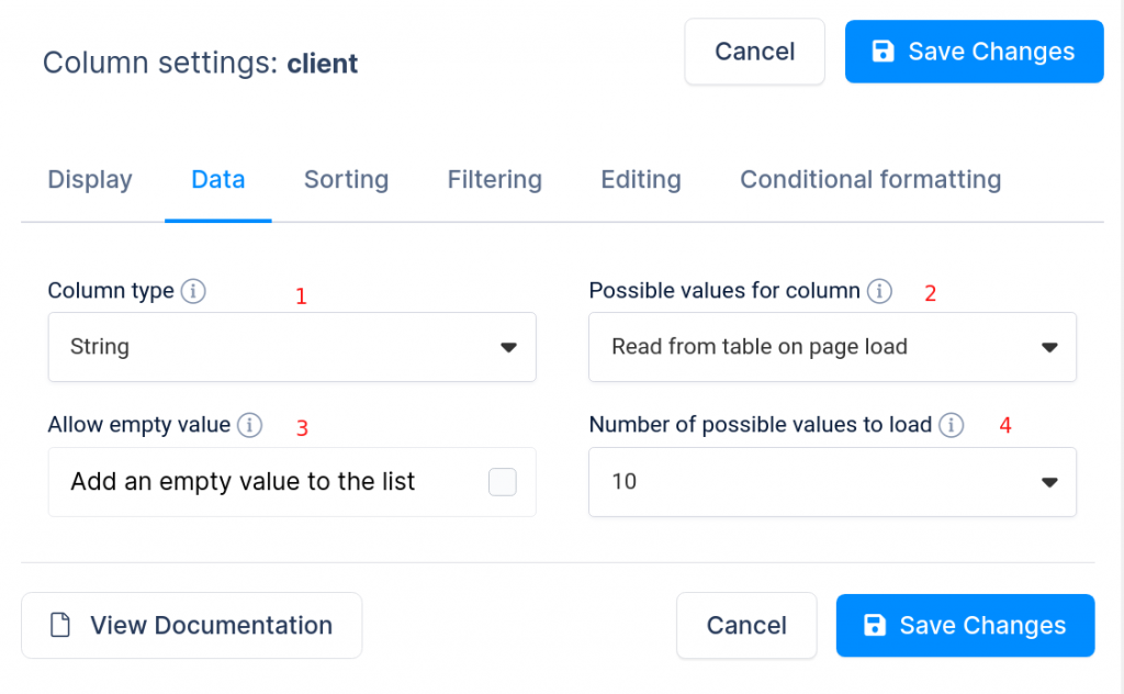 Table elements and configuration in wpDataTables