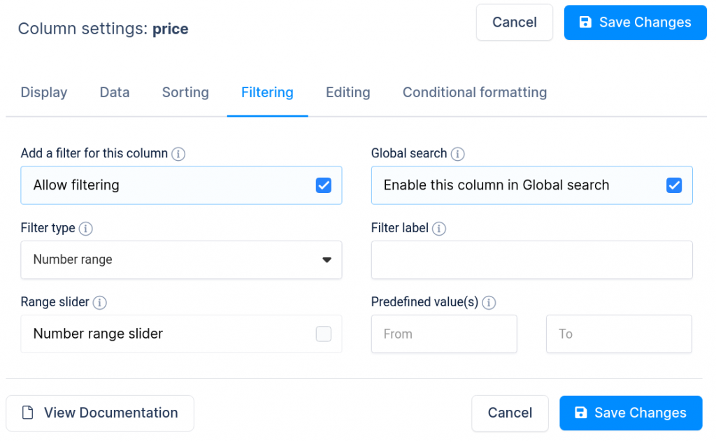 Table elements and configuration in wpDataTables