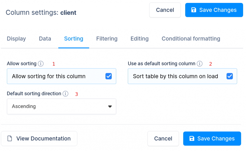 Table elements and configuration in wpDataTables