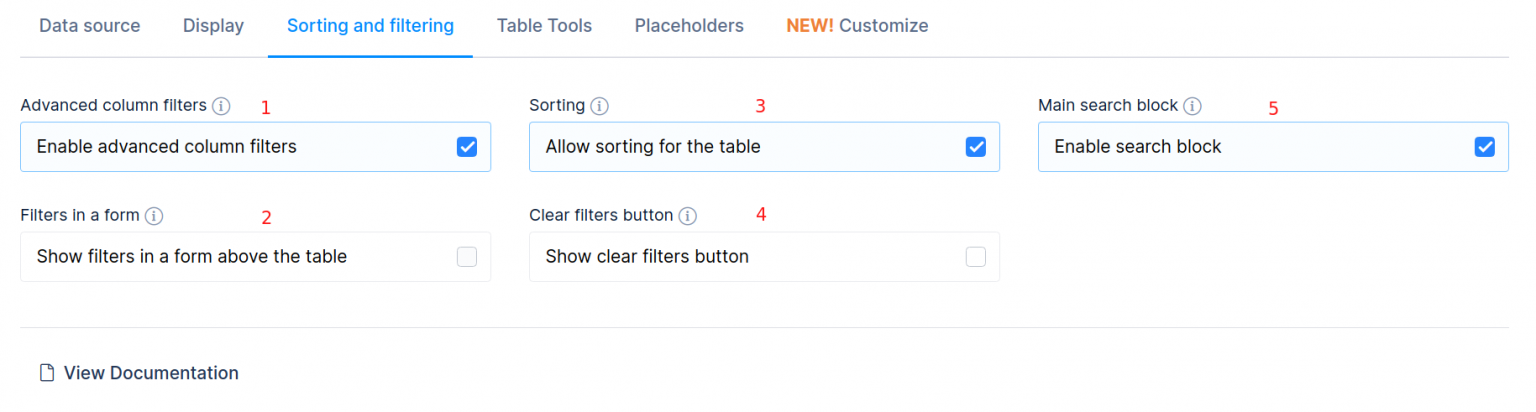 Table elements and configuration in wpDataTables