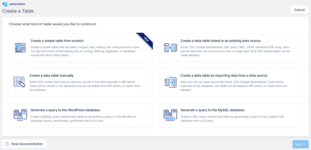 Creating a table in WordPress using the Wizard - wpDataTables - Tables and Charts WordPress Plugin