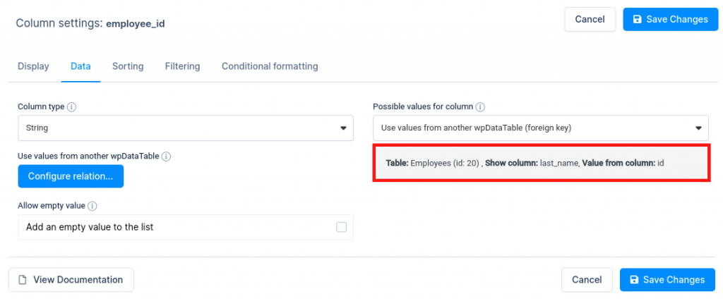 Configuring table relations (foreign key) - wpDataTables