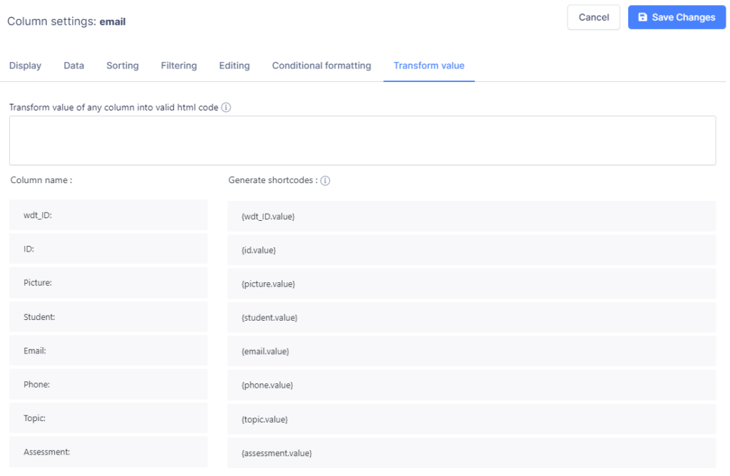 Transform Value - wpDataTables - Tables and Charts WordPress Plugin