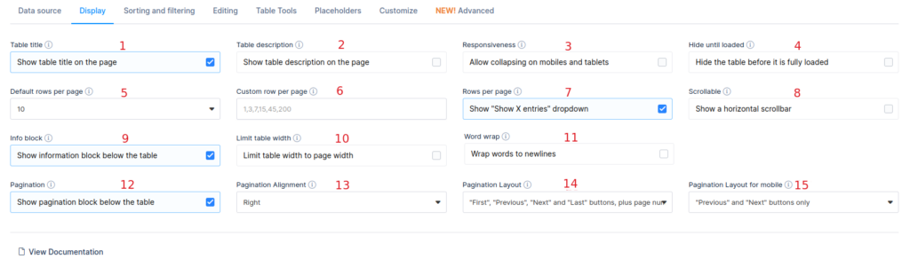 Table elements and configuration in wpDataTables